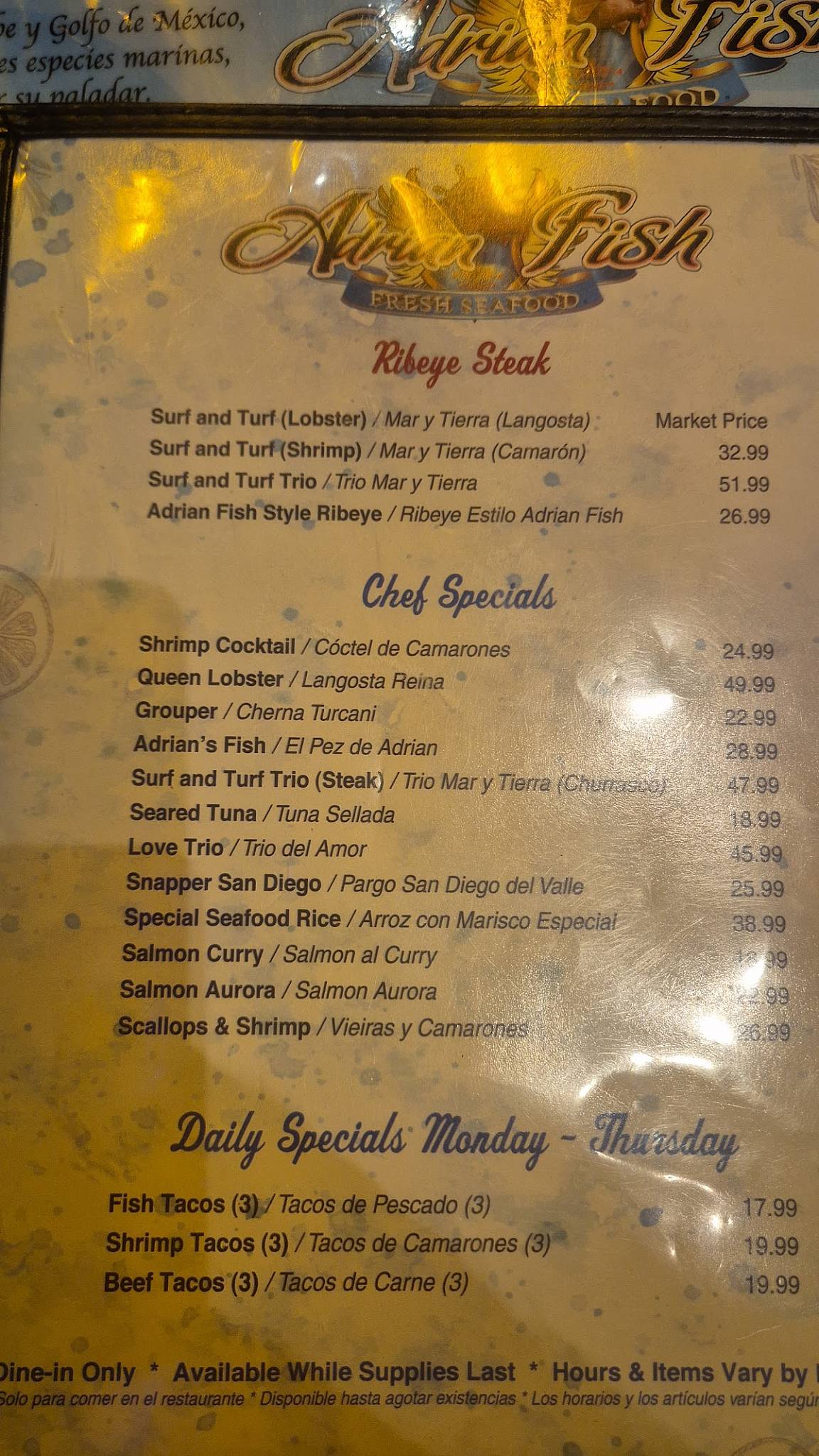 Menu at Adrian Fish Market & Restaurant, Hialeah Gardens