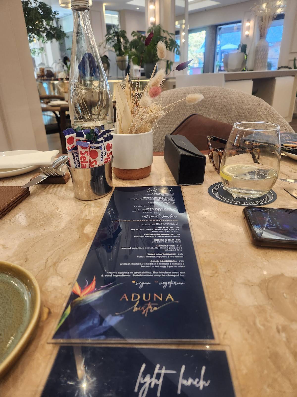 Menu at Aduna Bistro restaurant, Johannesburg