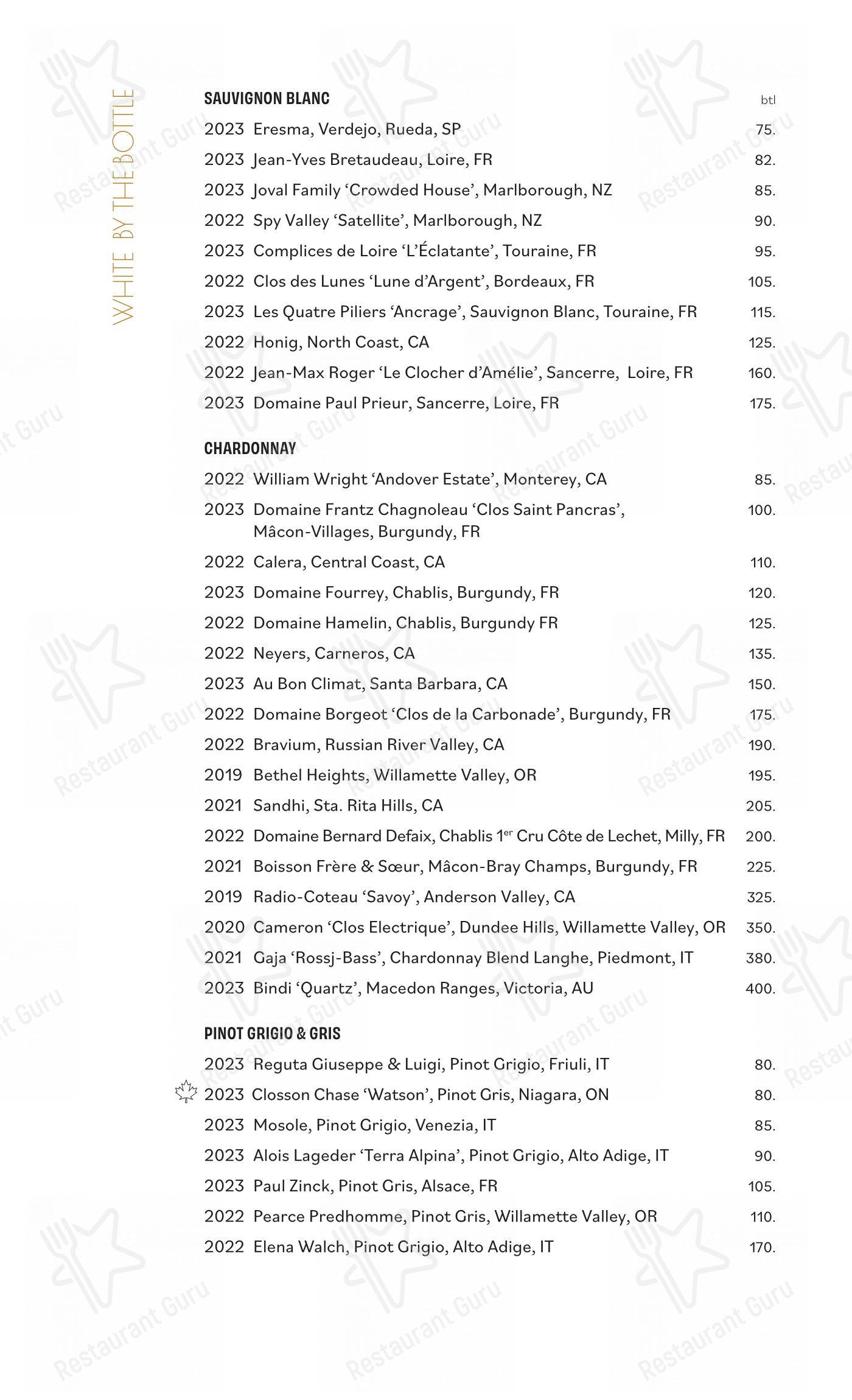 Menu at Aera restaurant, Toronto