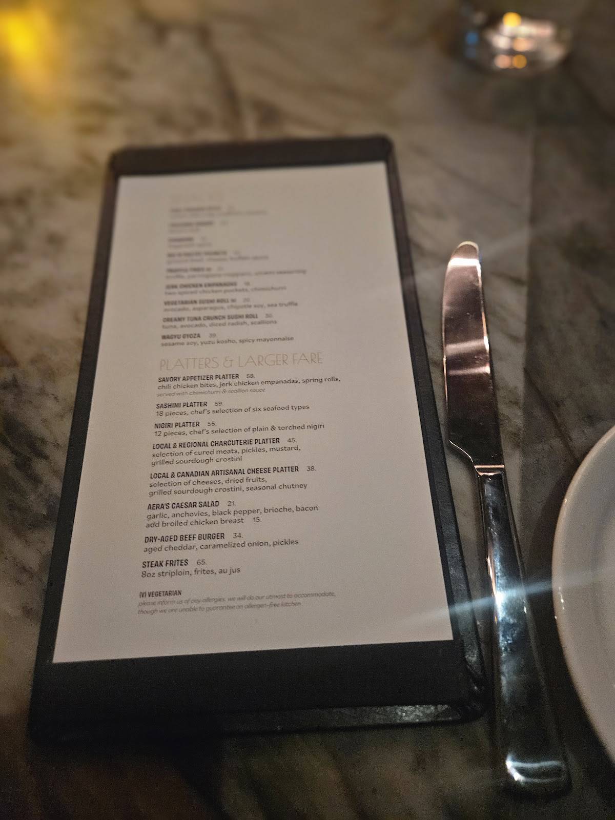 Menu at Aera restaurant, Toronto