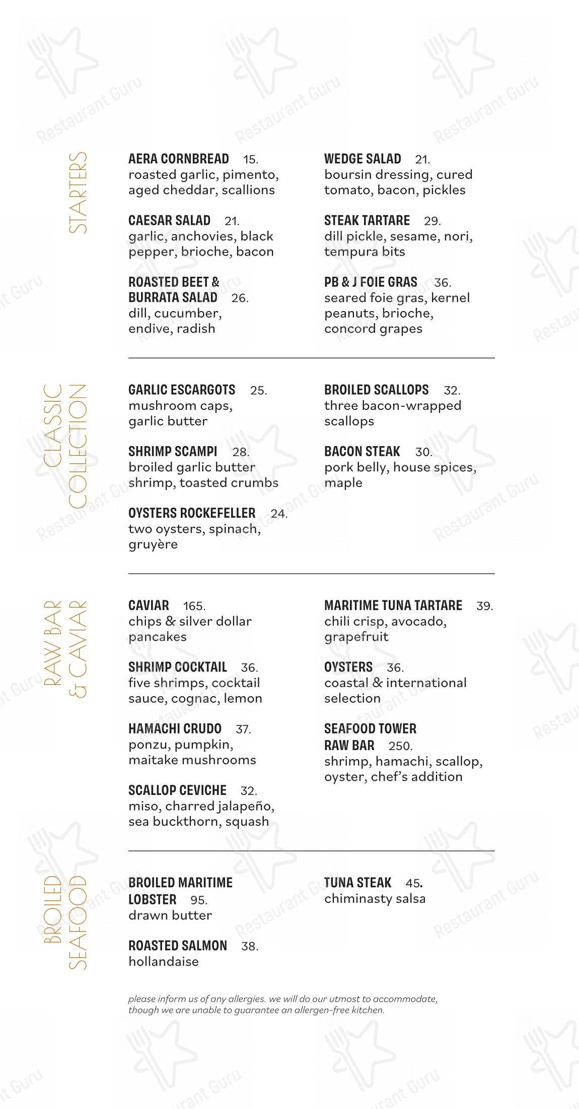 Menu at Aera restaurant, Toronto