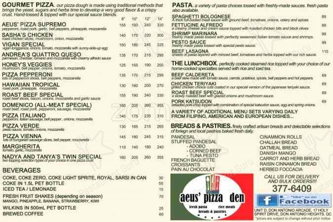 Menu at Aeus Pizza Den restaurant, Quezon City