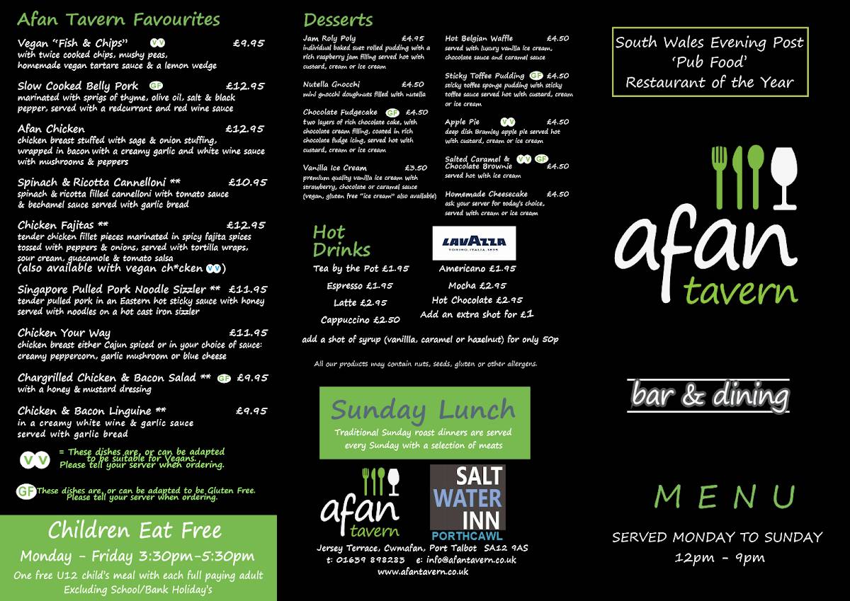 Menu at Afan Tavern pub & bar, Port Talbot