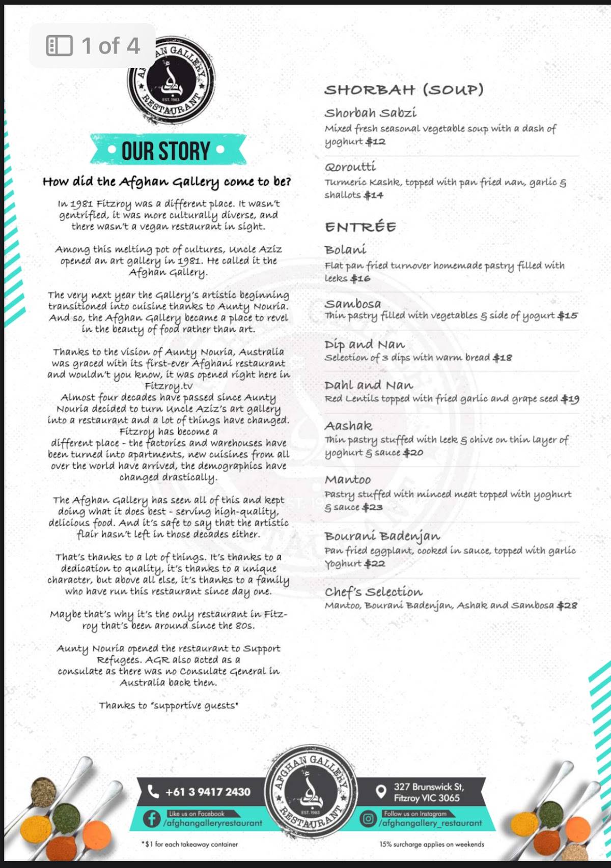 Menu at Afghan Gallery restaurant, Fitzroy