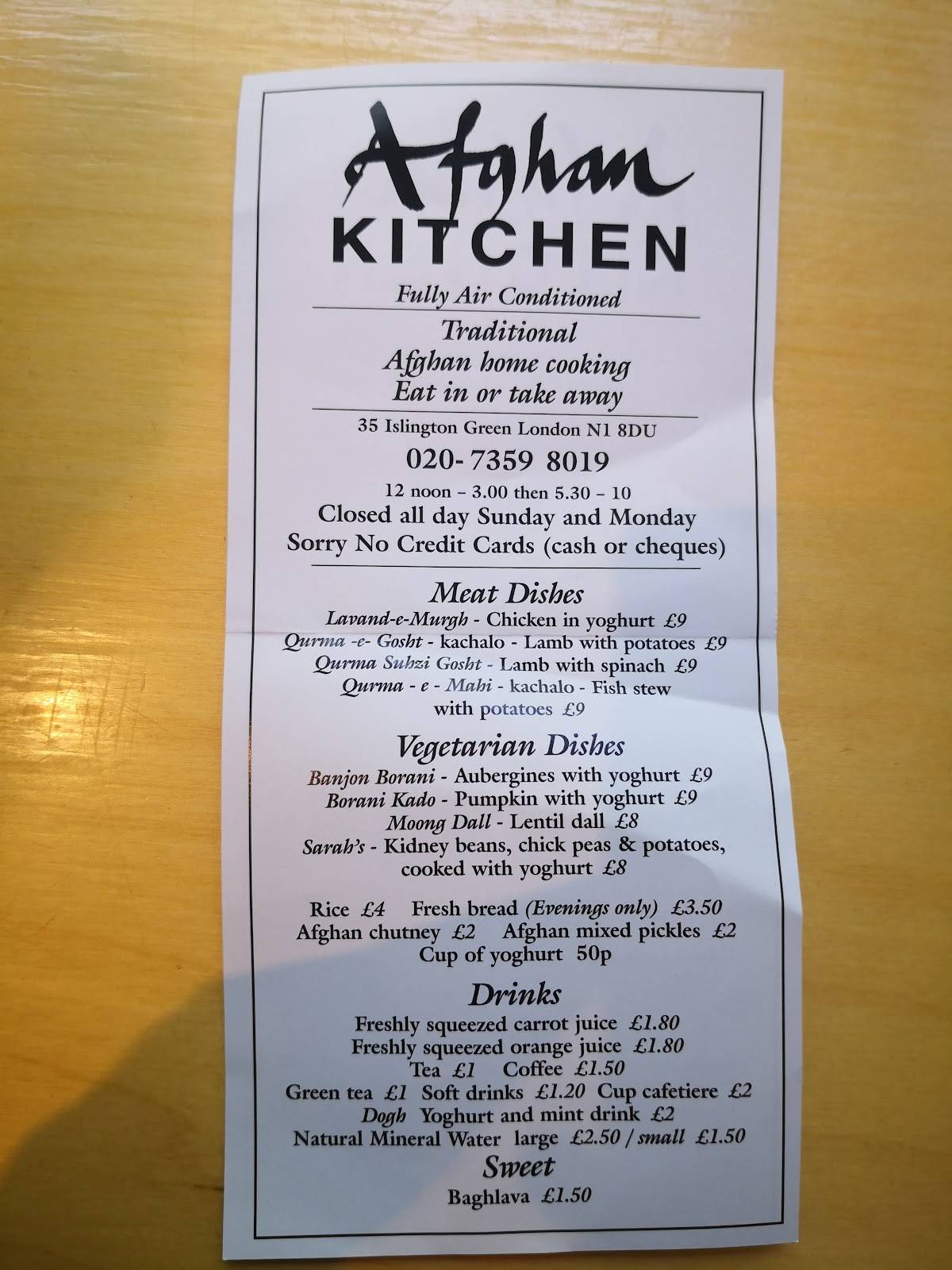 Menu at Afghan Kitchen restaurant, London, 35 Islington Grn