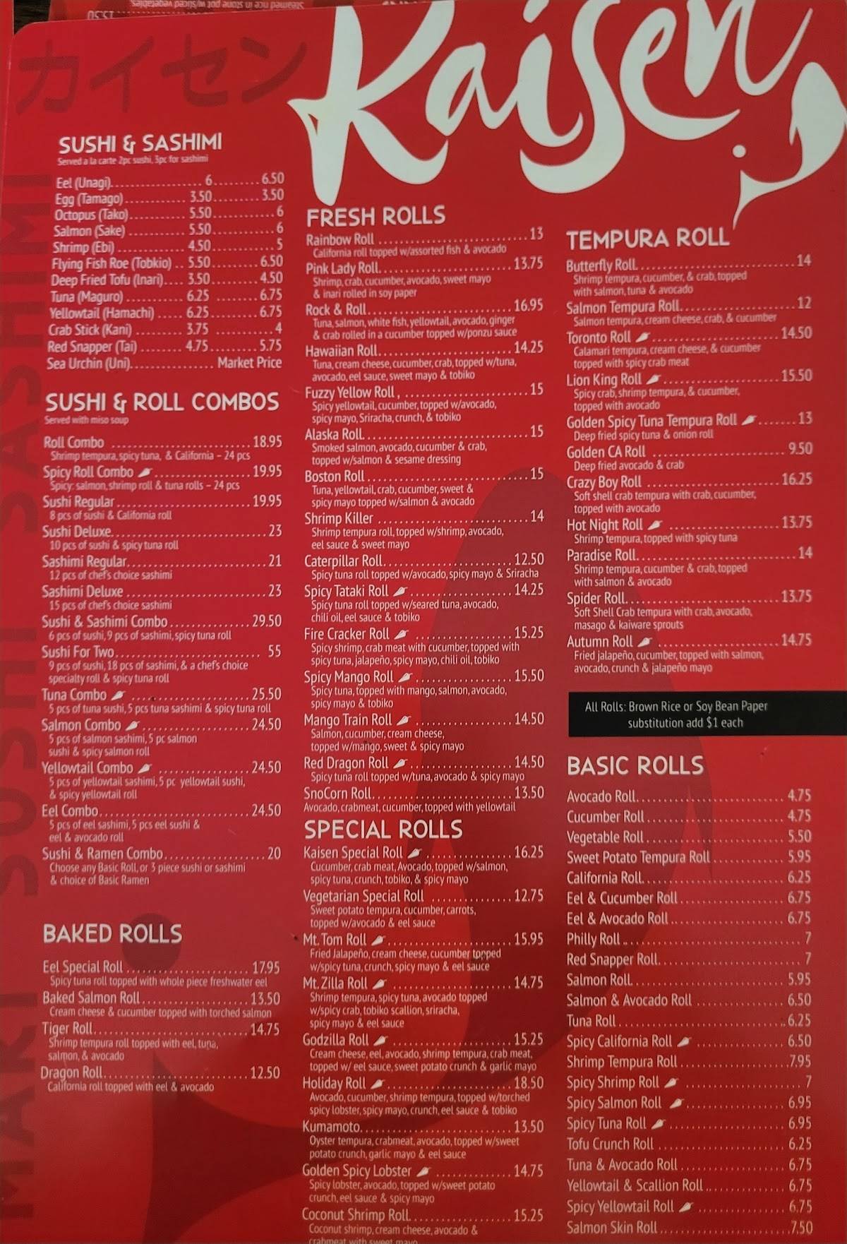 Menu at Kaisen Restaurant, Agawam