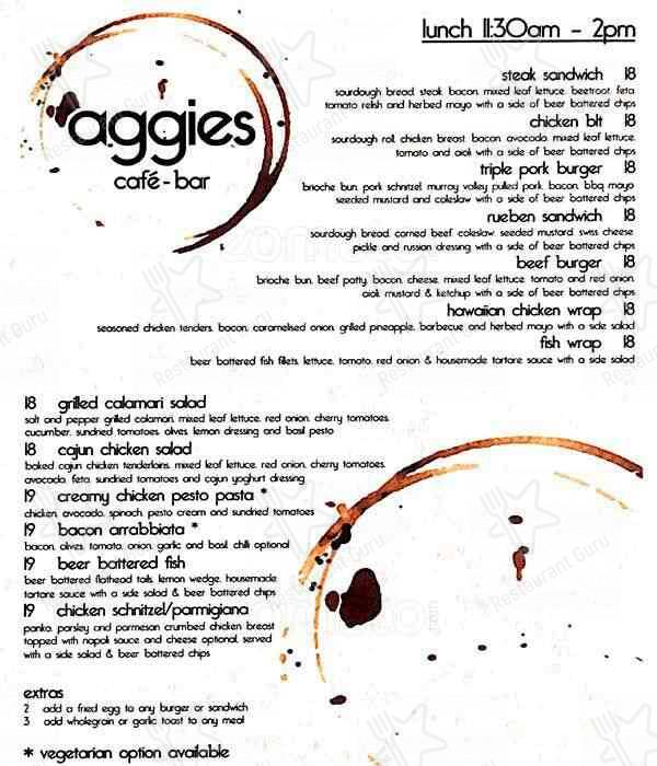 Menu at Aggies Cafe Bar, East Melbourne
