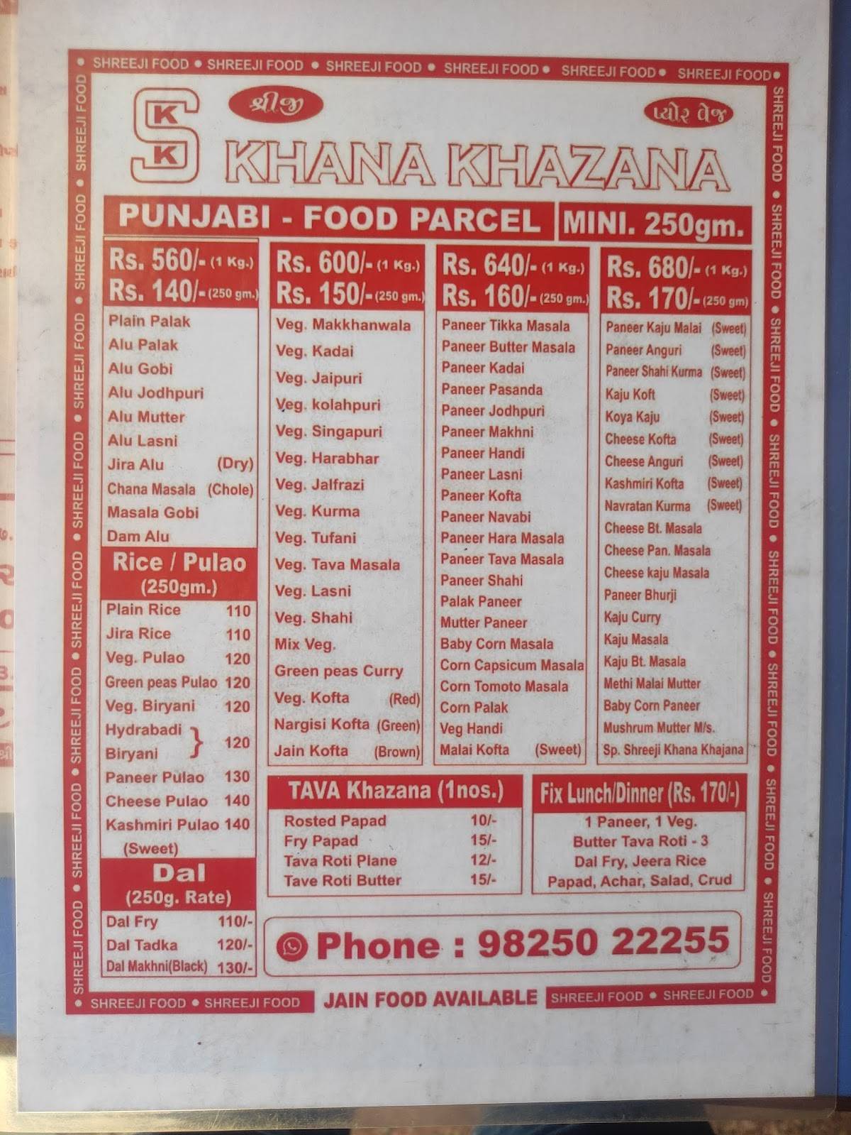 Menu at Khana Khazana, Ahmedabad, Shree Sahjanand Plaza