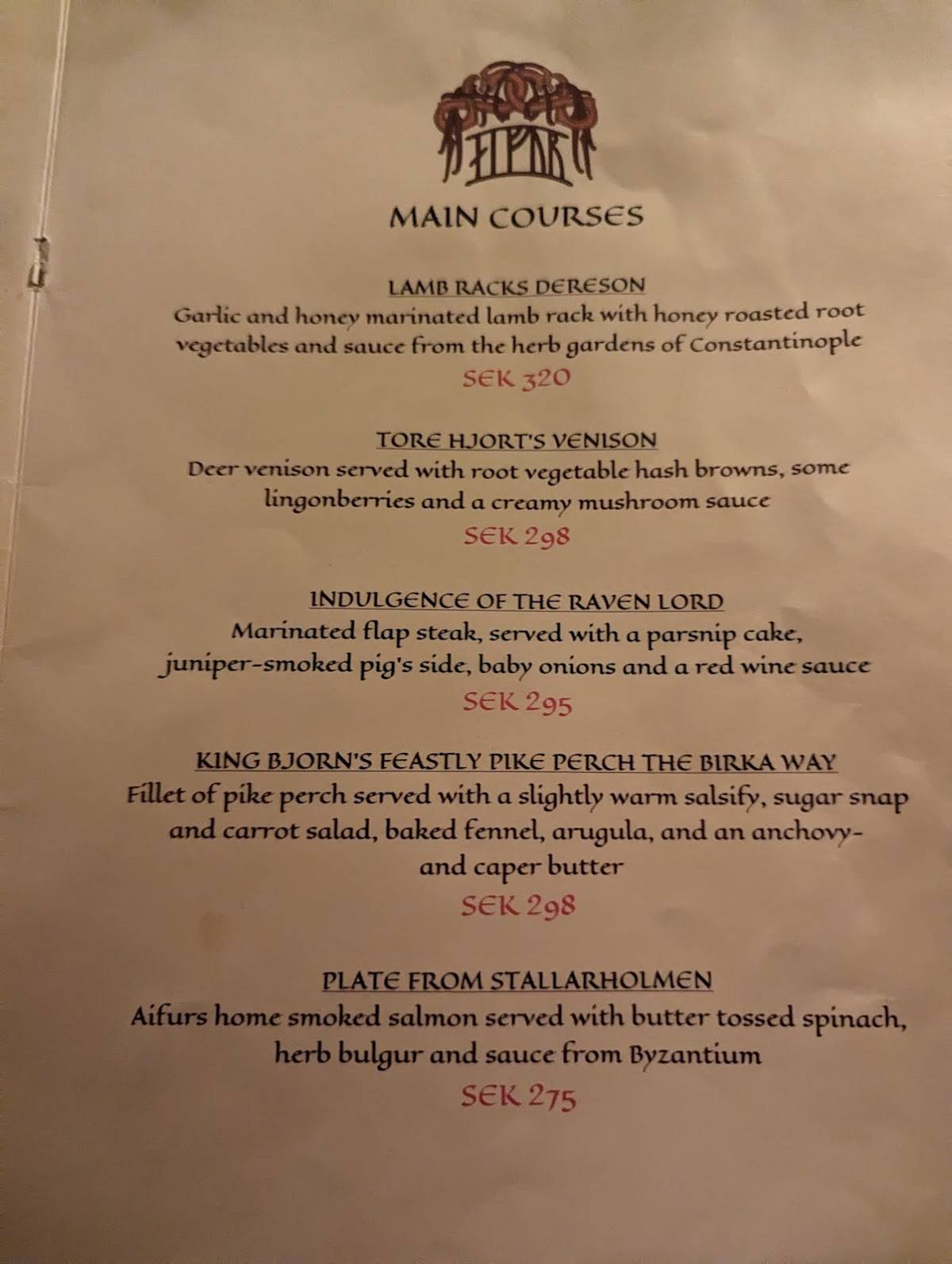 Menu at Aifur restaurant, Stockholm, Västerlånggatan 68b