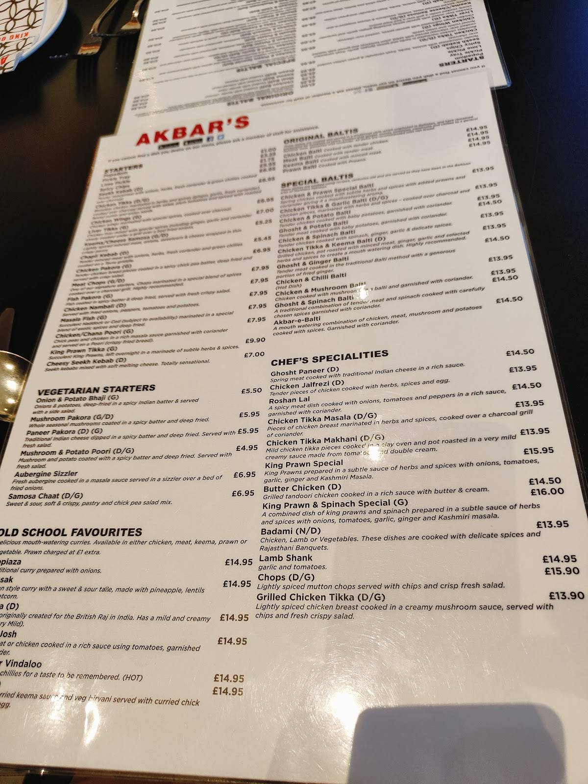 Menu at Akbar's Restaurant, Glasgow