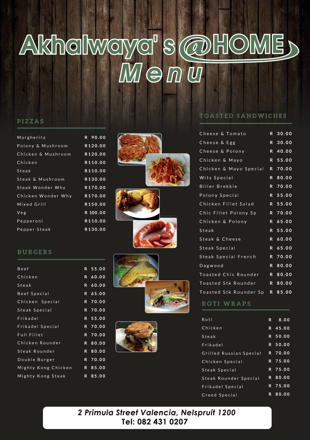 Menu at Akhalwayas Foods restaurant, Nelspruit