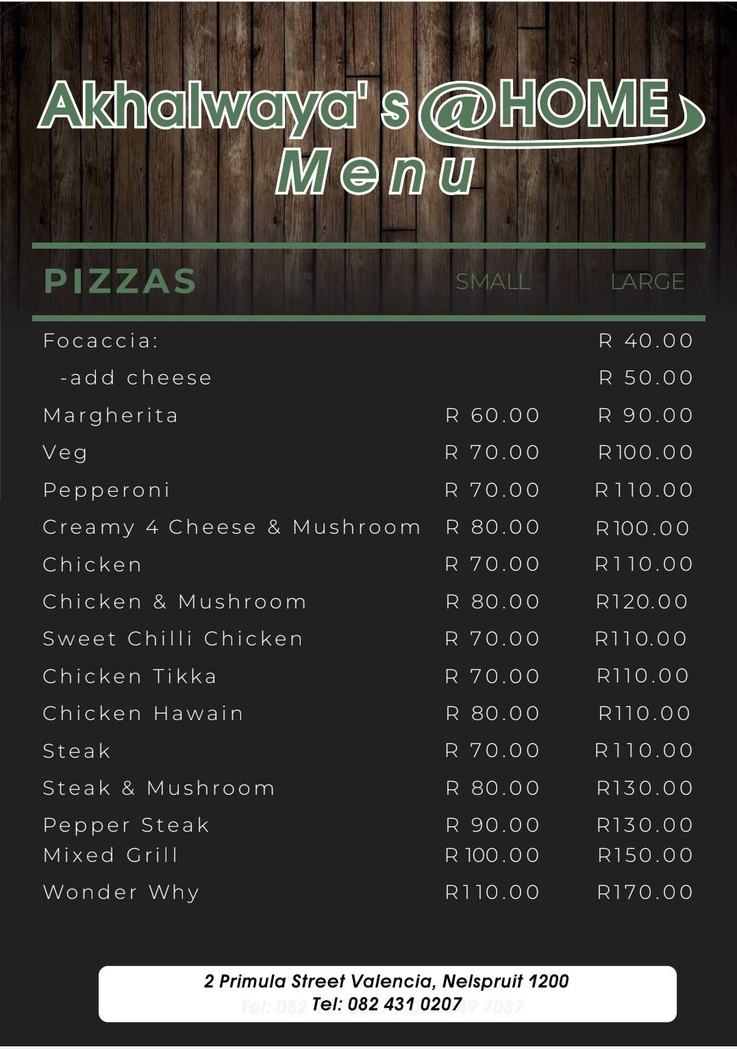 Menu at Akhalwayas Foods restaurant, Nelspruit