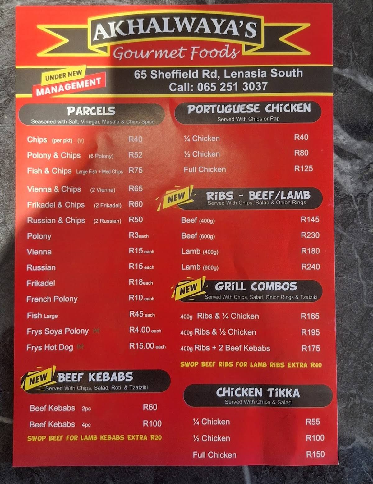 Menu at Akhalwayas Gourmet Foods restaurant, Lenasia