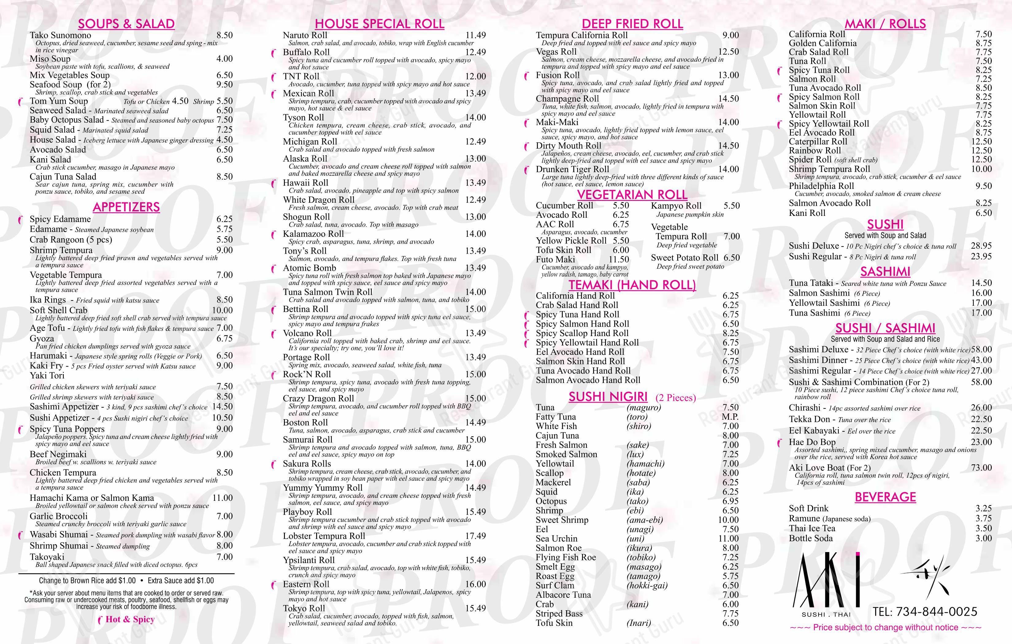 Menu at Aki sushi and Thai restaurant, Canton