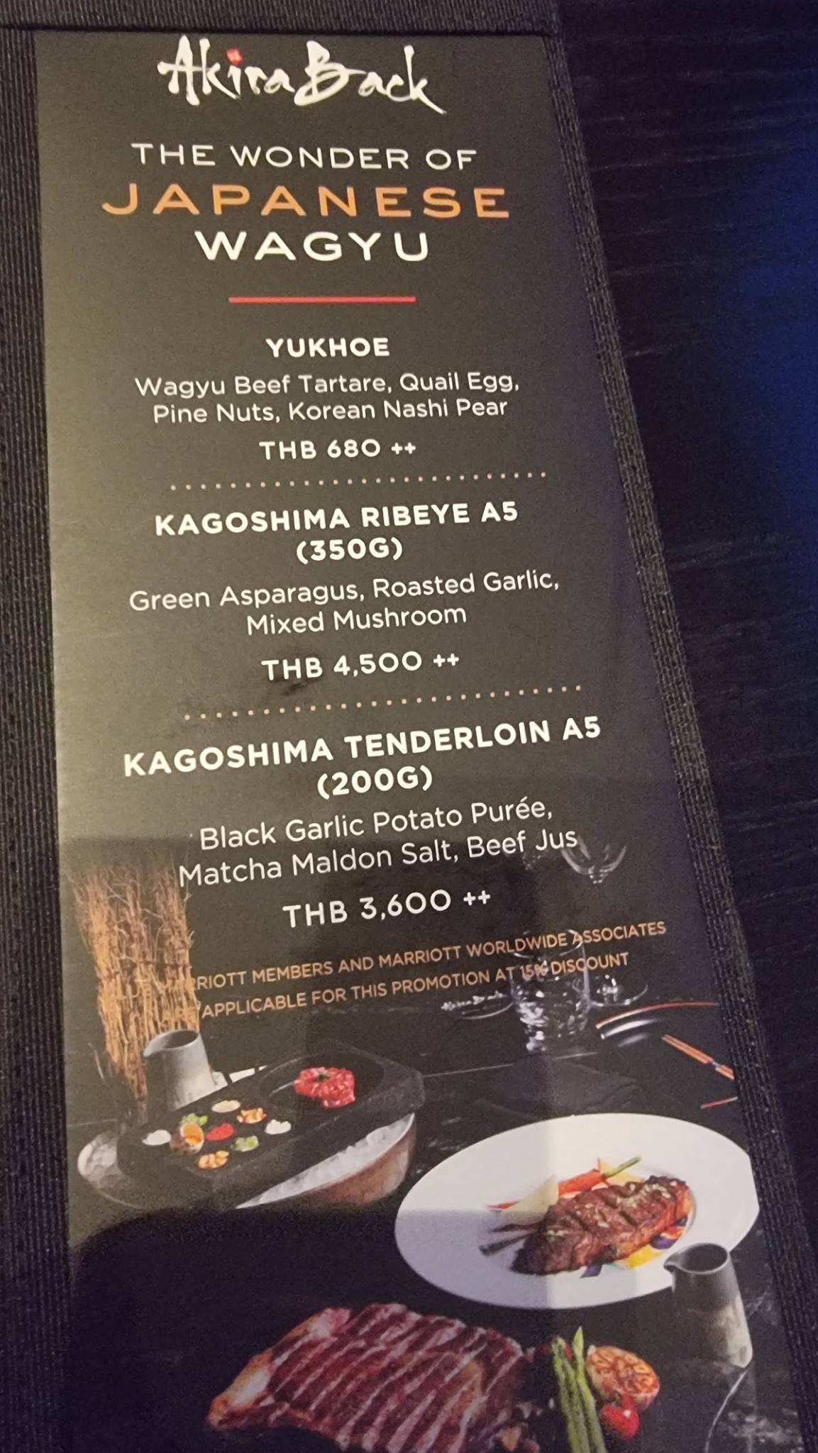 Menu at Akira Back restaurant, Bangkok