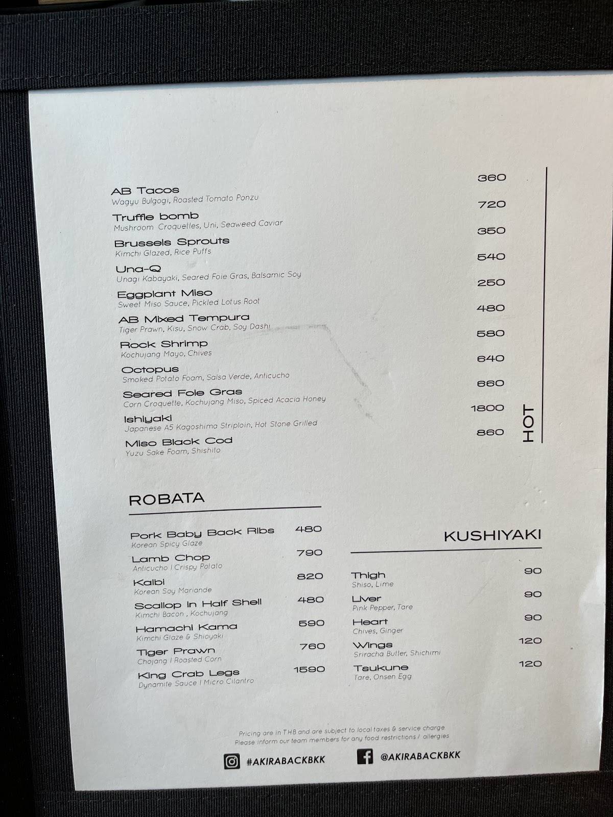 Menu at Akira Back restaurant, Bangkok