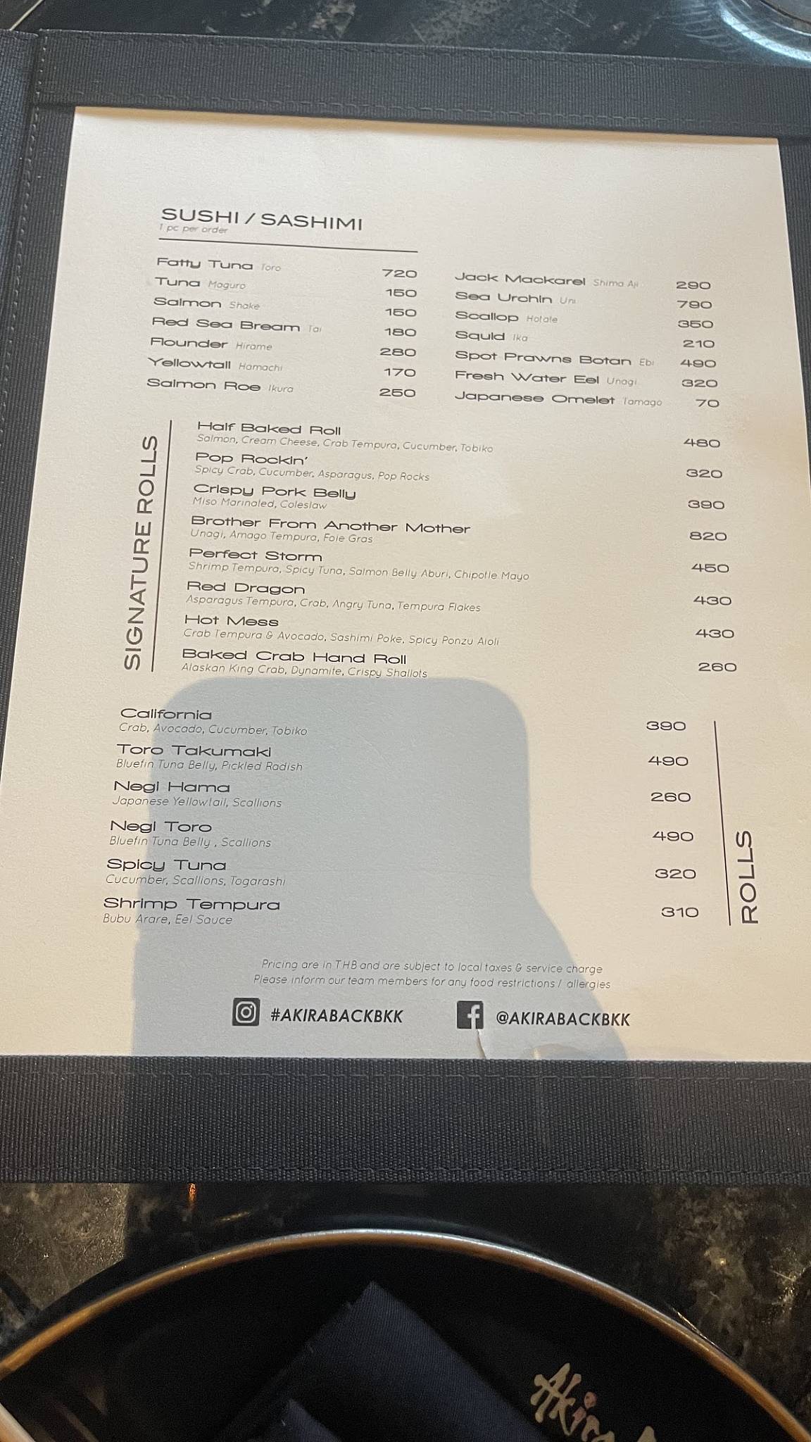 Menu at Akira Back restaurant, Bangkok
