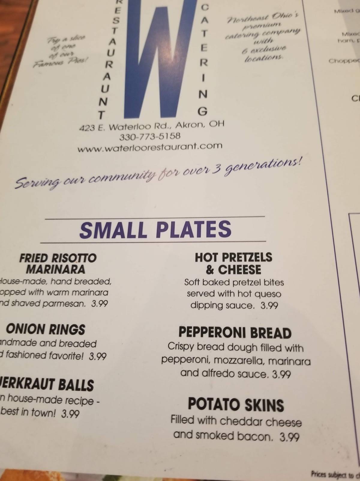 Menu at Waterloo Restaurant & Catering, Akron