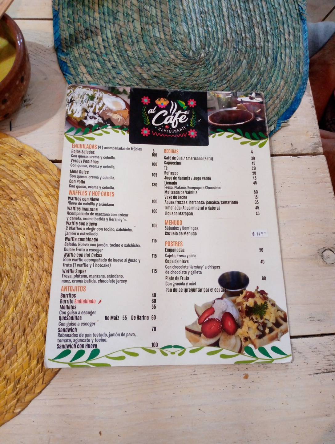 Carta de Al Café Restaurante, Durango
