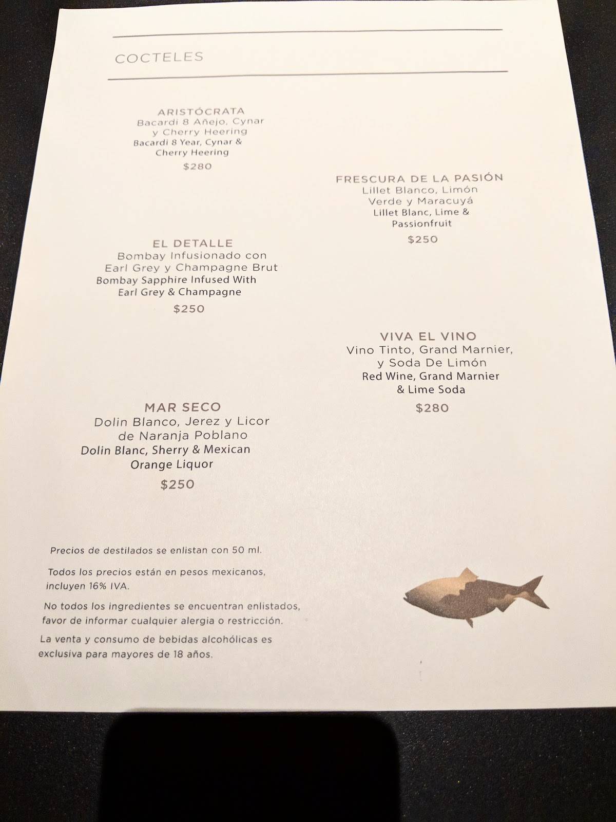 Menu at Al Pairo restaurant, Mexico