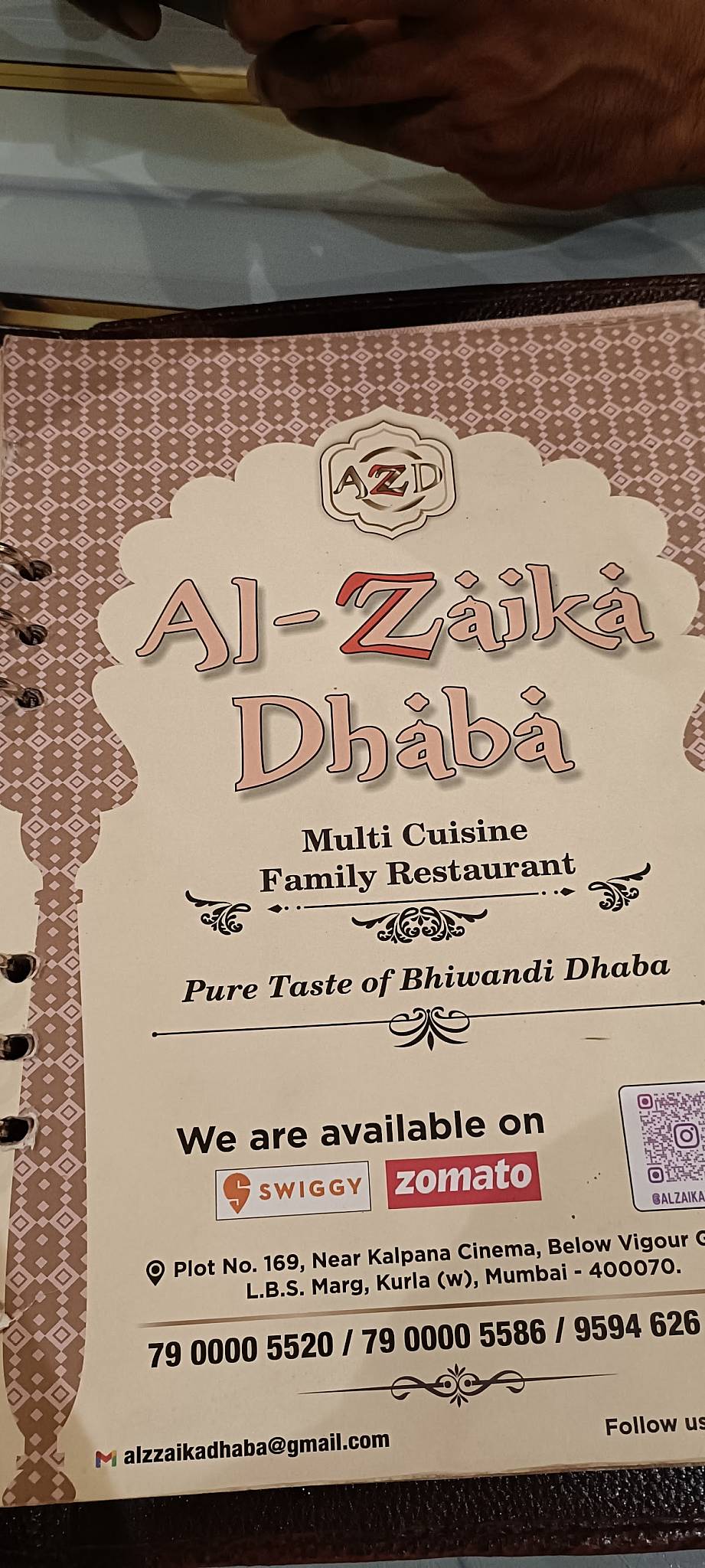 Menu at Al Zaika Dhaba Kurla, Mumbai