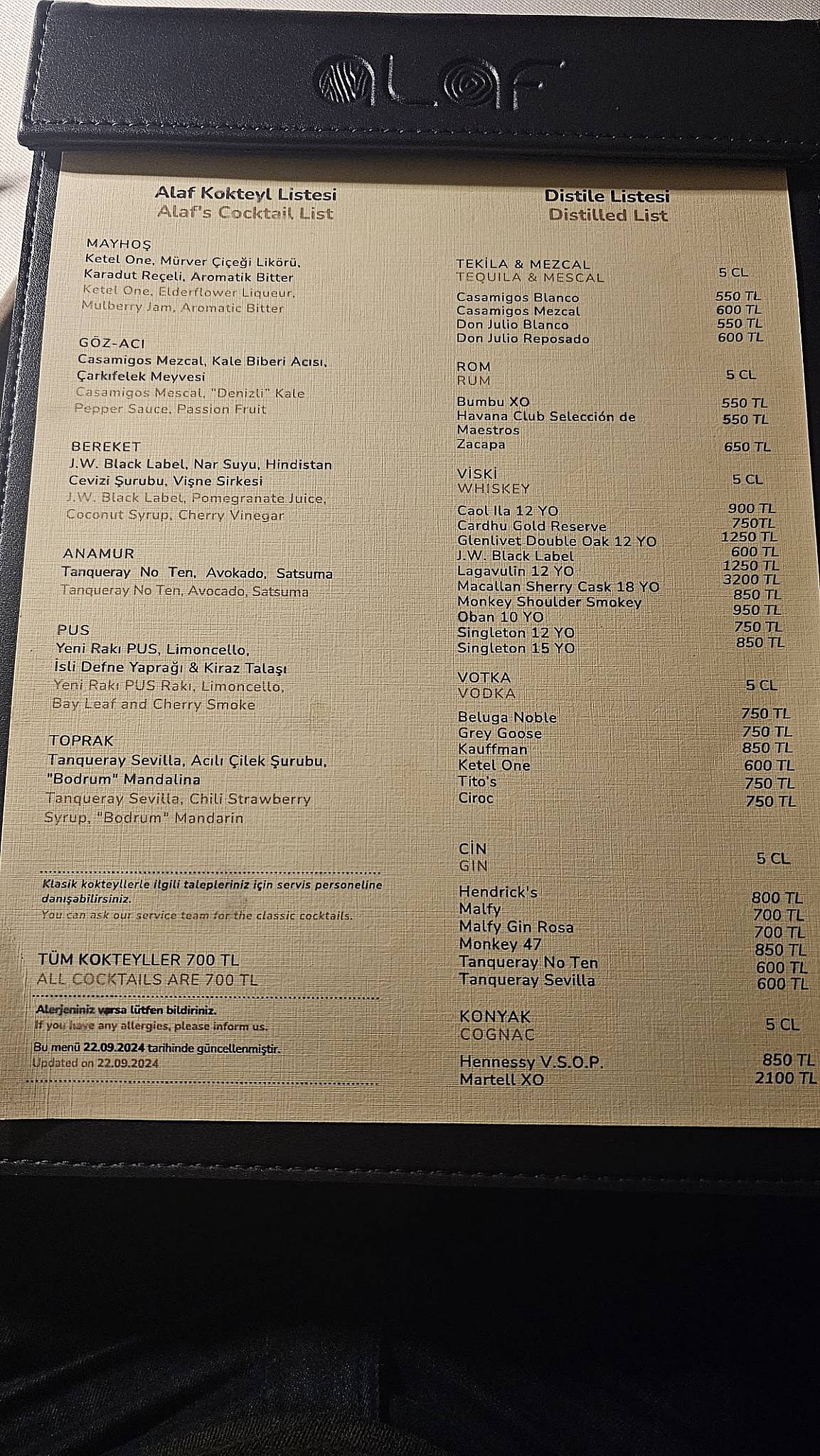 Menu at Alaf Kuruçeşme Restaurant, Istanbul, Kuruçeşme Cd. No:19