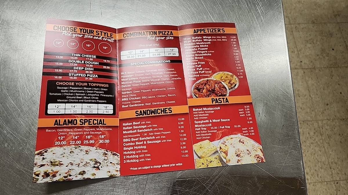 Menu at Alamo Pizzer1a restaurant, Green Bay, University Ave