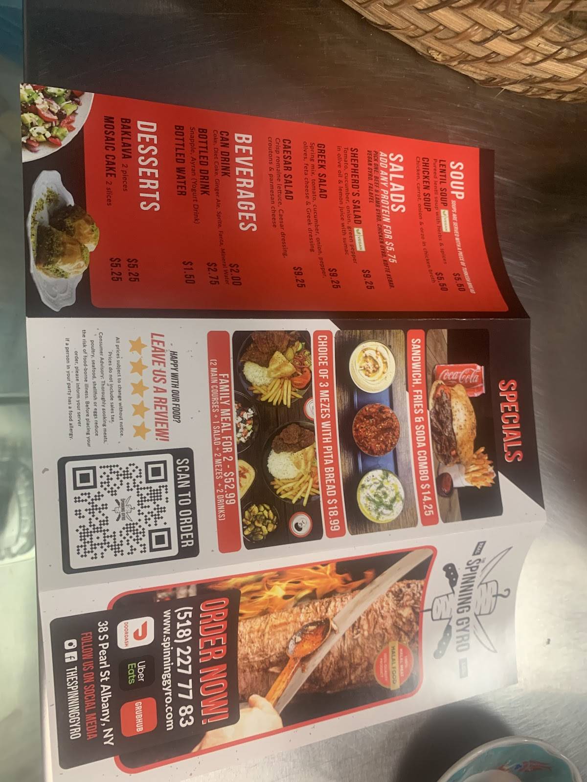 Menu at The Spinning Gyro restaurant, Albany