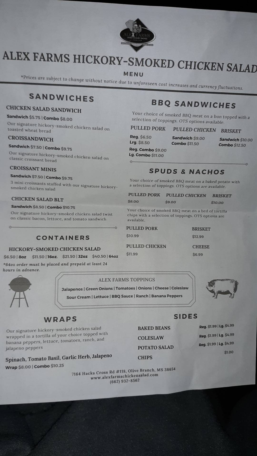 Menu at Alex Farms Hickory Smoked Chicken Salad and BBQ Olive Branch ...