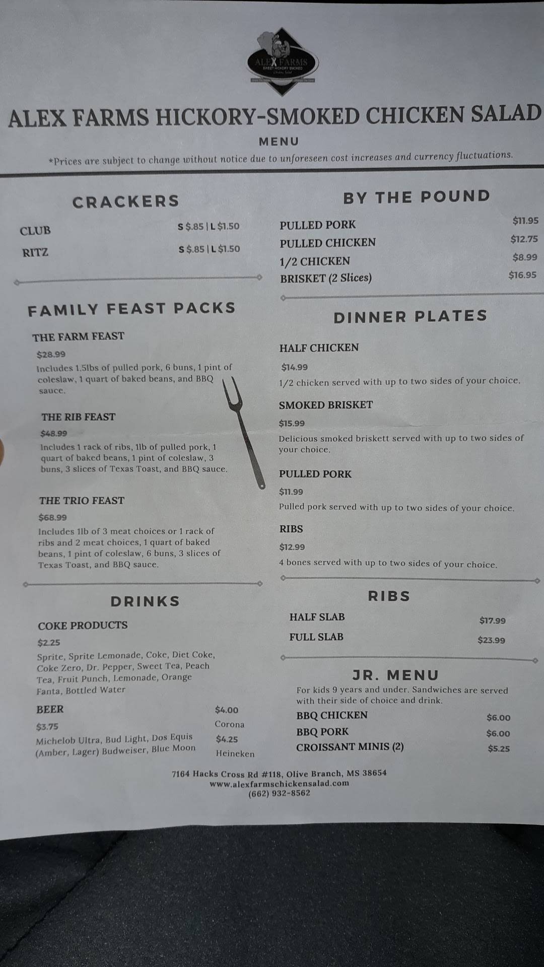 Menu at Alex Farms Hickory Smoked Chicken Salad and BBQ Olive Branch ...