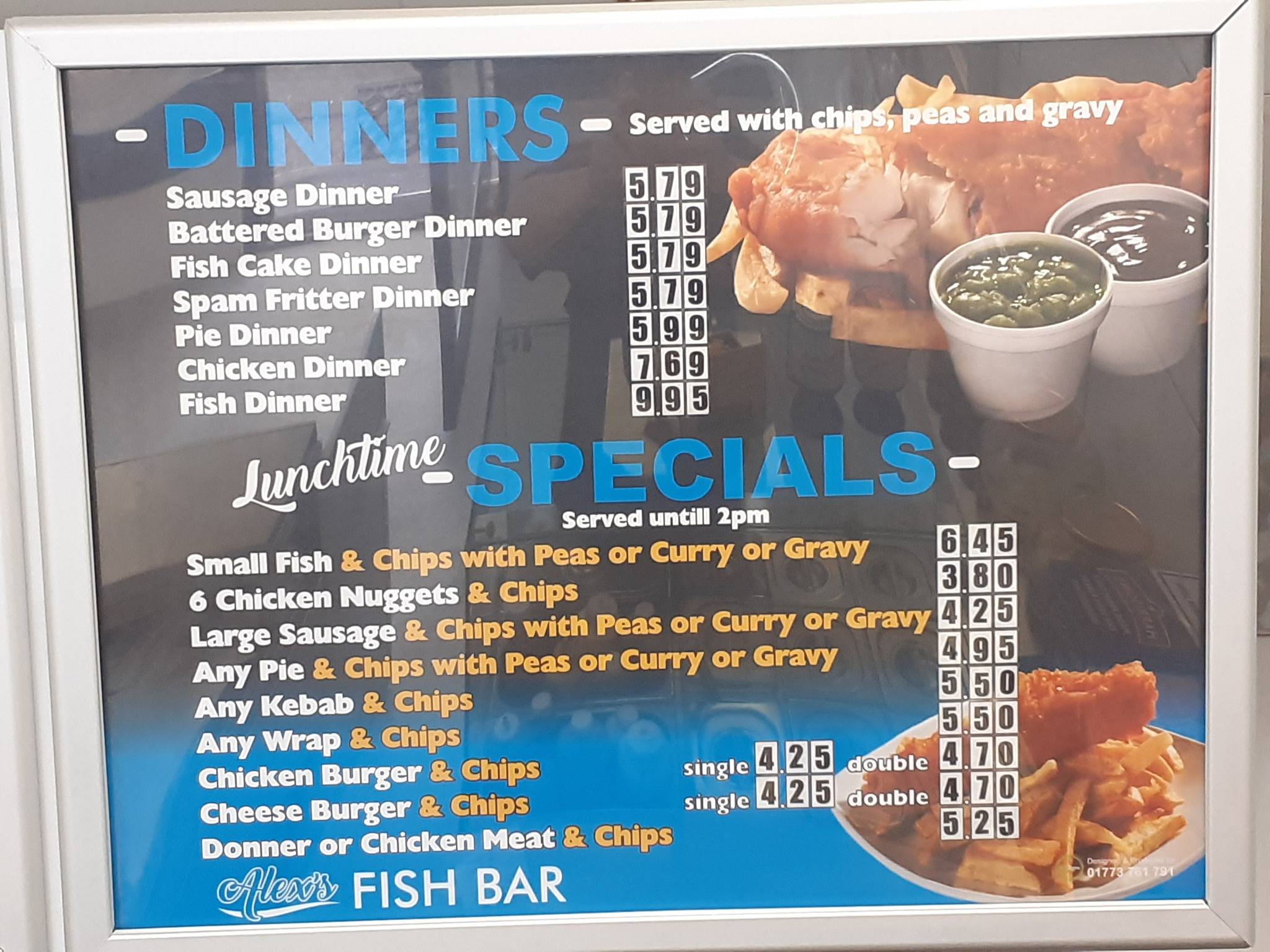 Menu at Alex's Fish Bar, Colwyn Bay