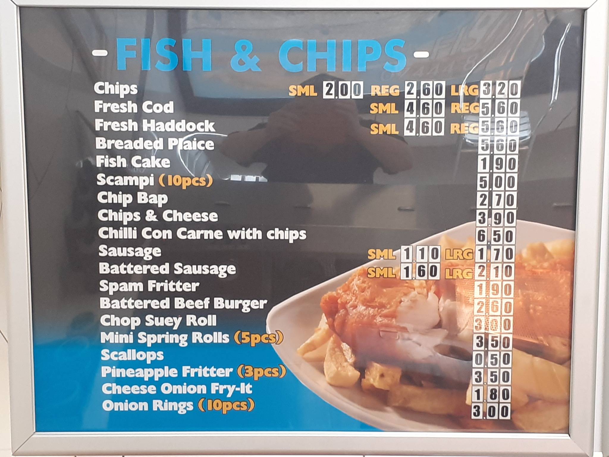 Menu at Alex's Fish Bar, Colwyn Bay
