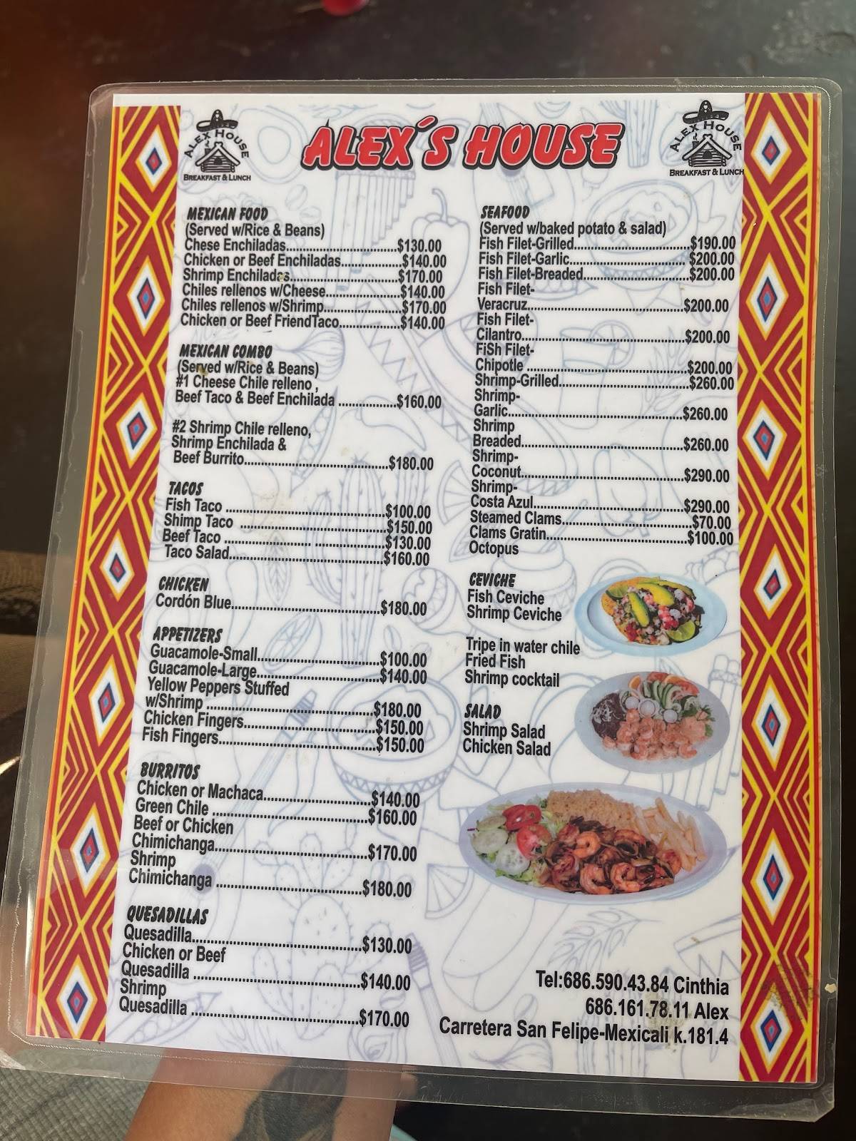 Menu at Alex's House restaurant, Ejido Plan Nacional Agrario
