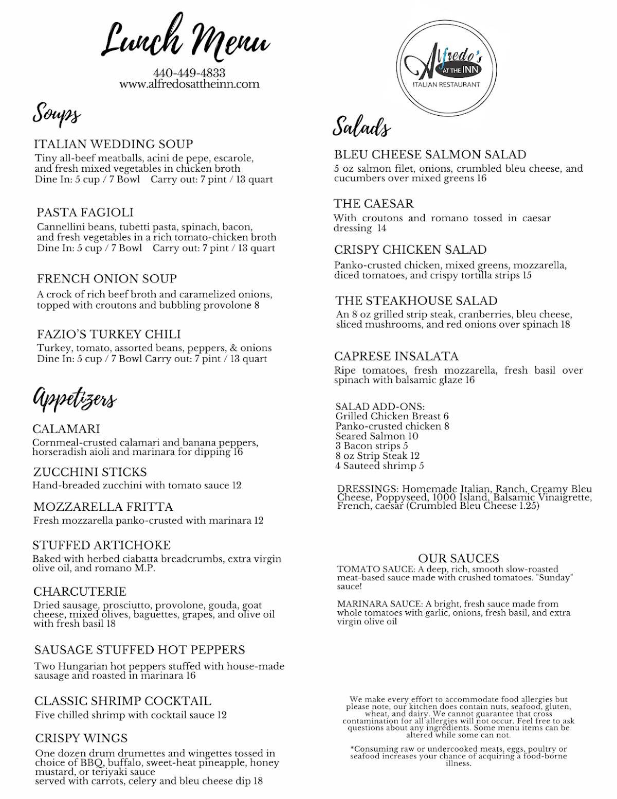 Menu at Alfredo's At the Inn Italian Restaurant, Mayfield