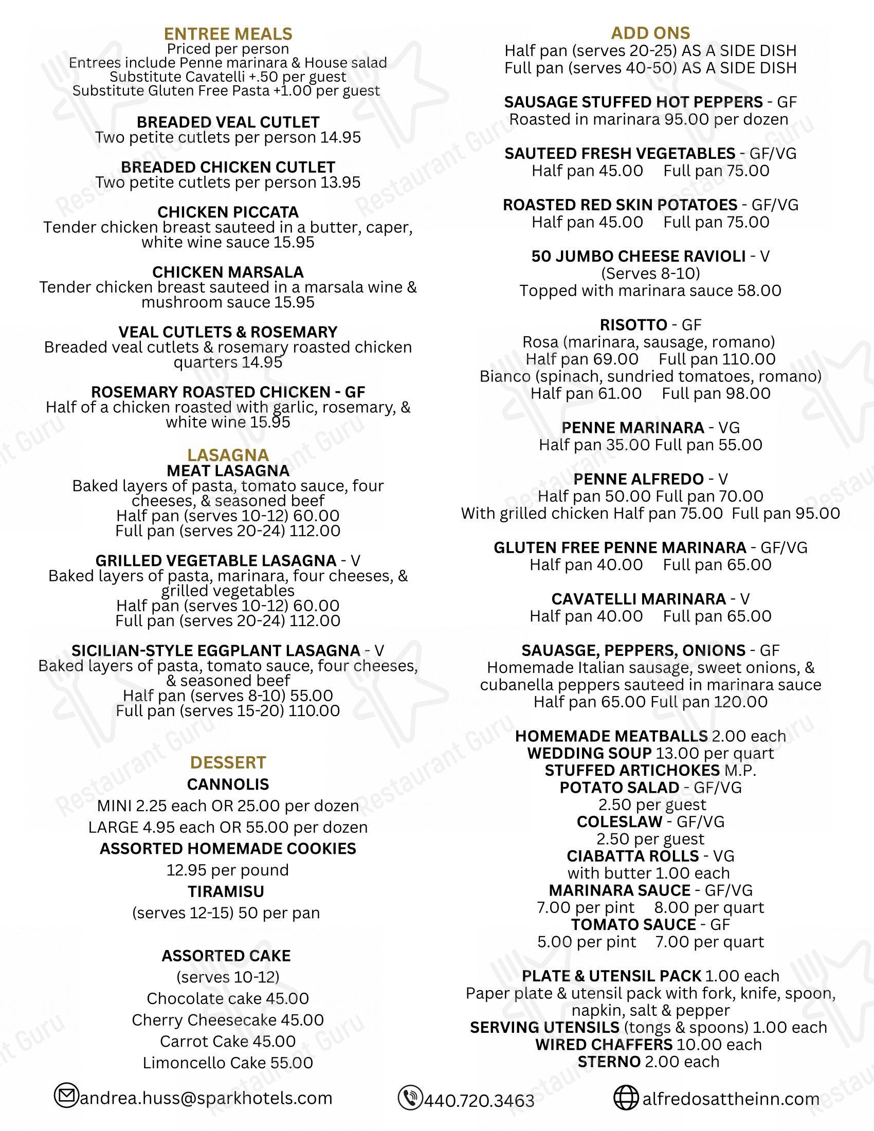 Menu at Alfredo's At the Inn Italian Restaurant, Mayfield