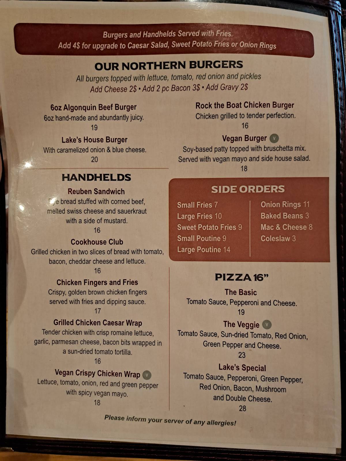 Menu at Algonquin Cookhouse restaurant, Harcourt