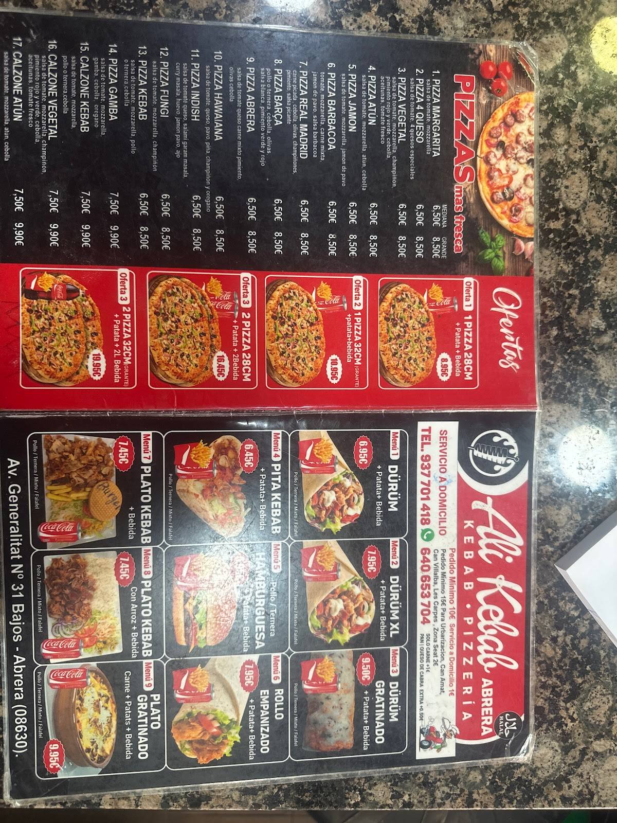 Carta del restaurante Ali kebab Abrera, Abrera