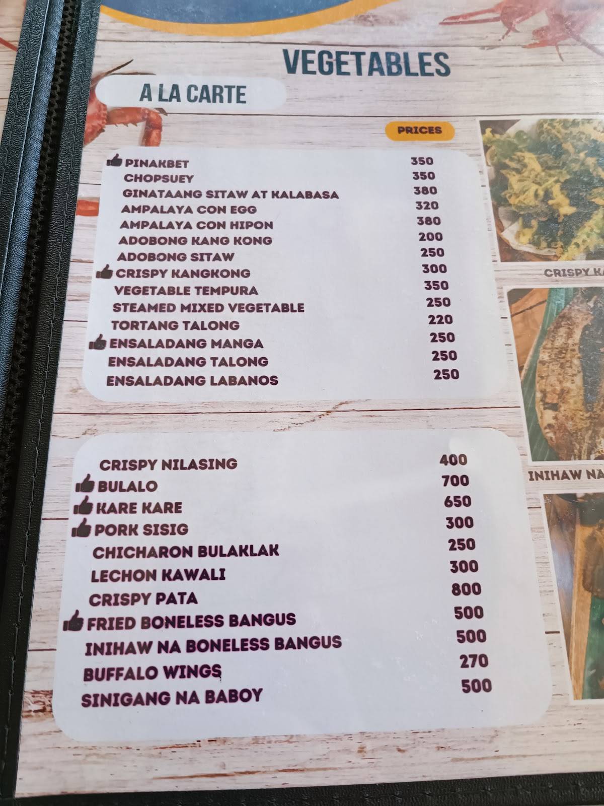 Menu at Aling Tonya's Seafood Palutuan restaurant, Silang