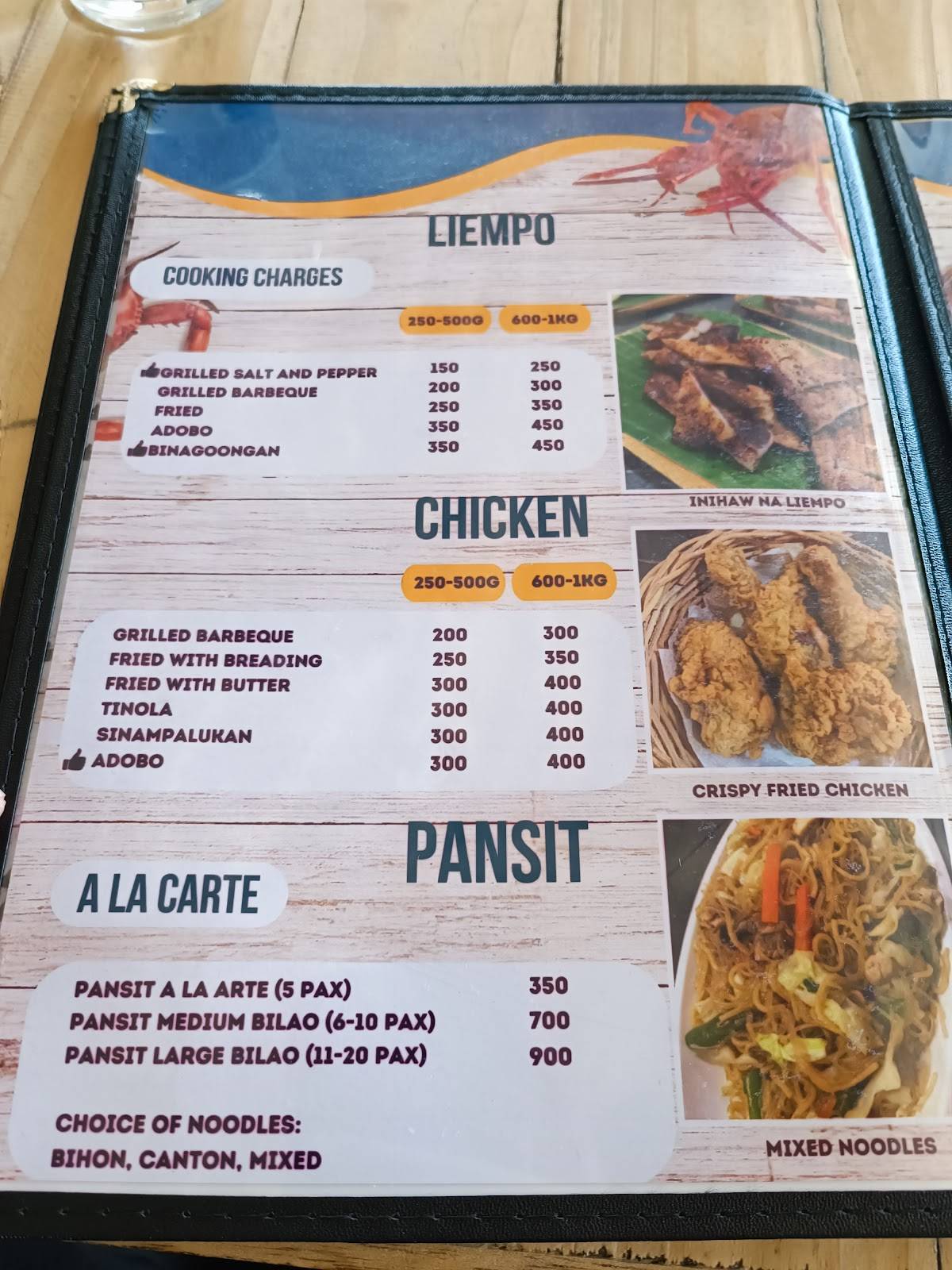 Menu at Aling Tonya's Seafood Palutuan restaurant, Silang