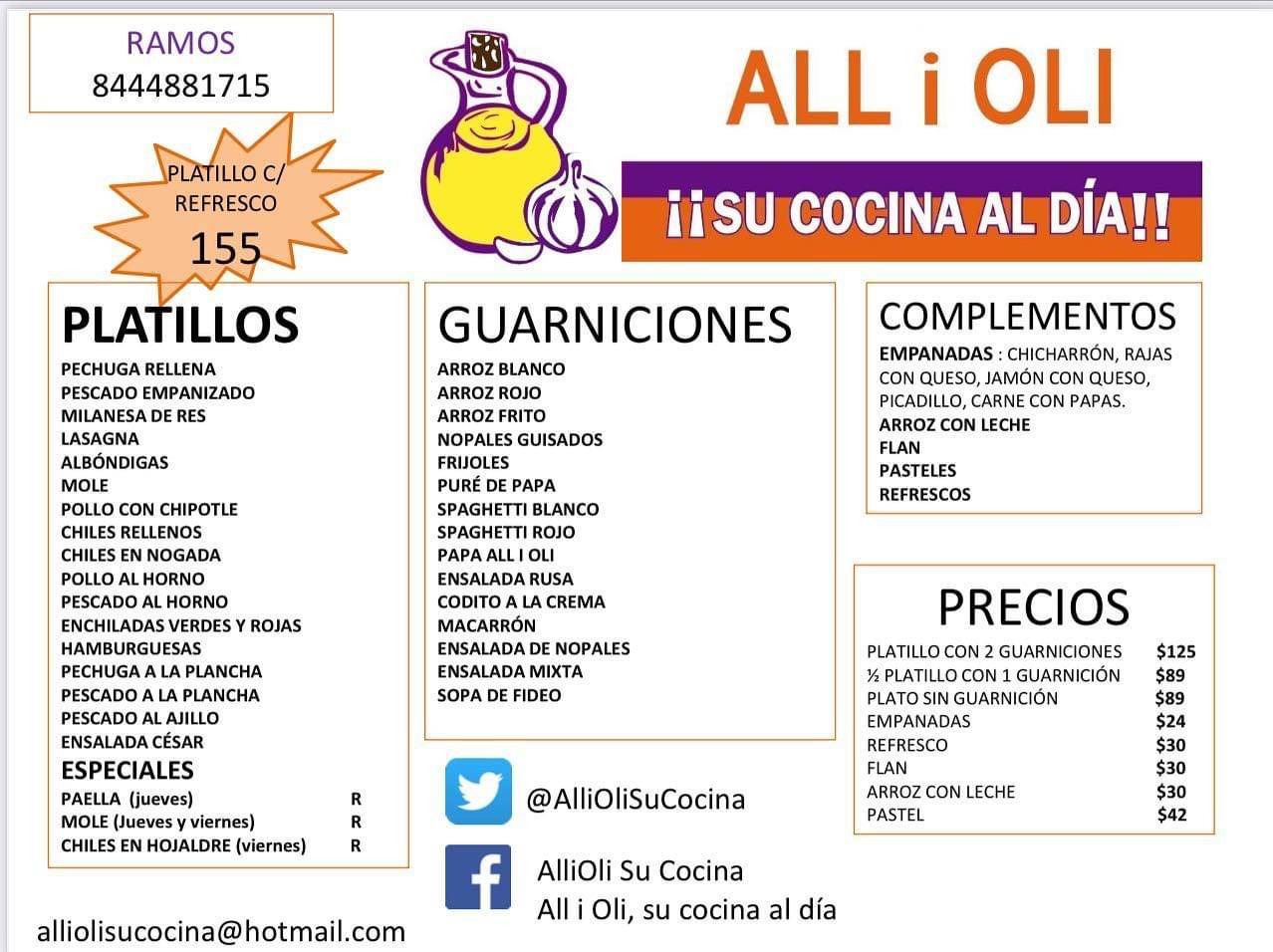 Carta del restaurante All i Oli Su Cocina, Ramos Arizpe