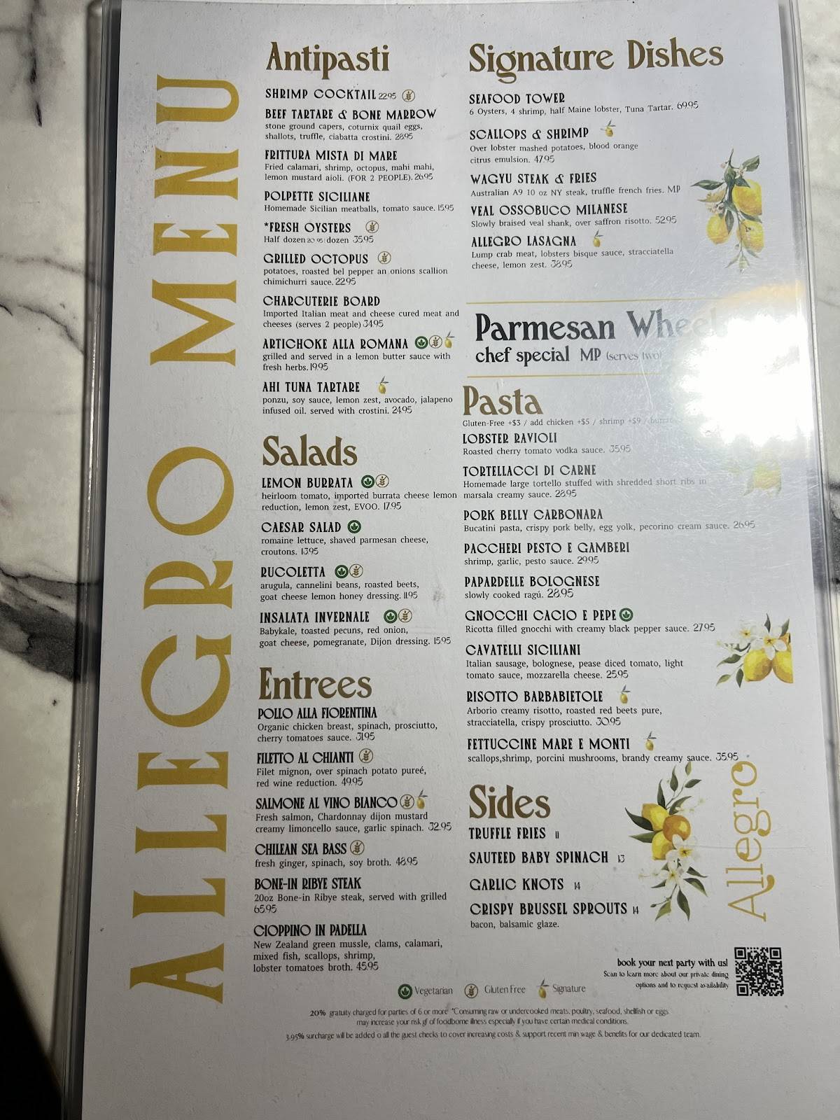 Menu at Allegro Restaurant and Bar, San Diego, India St
