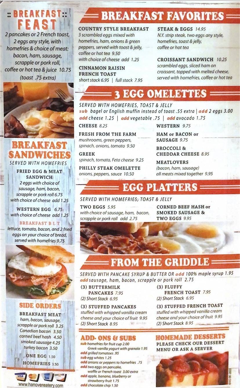 Menu at Hanover Eatery restaurant, Bethlehem