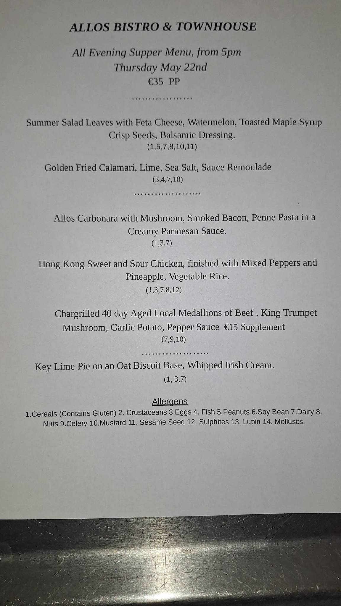 Menu at Allo's Restaurant, Bar and Bistro, Listowel
