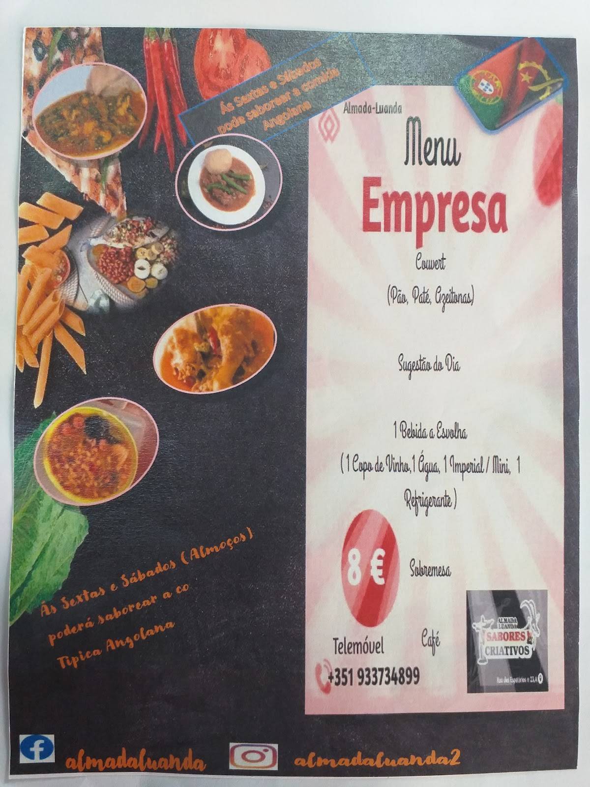 Menu em Almada.Luanda restaurante, Almada