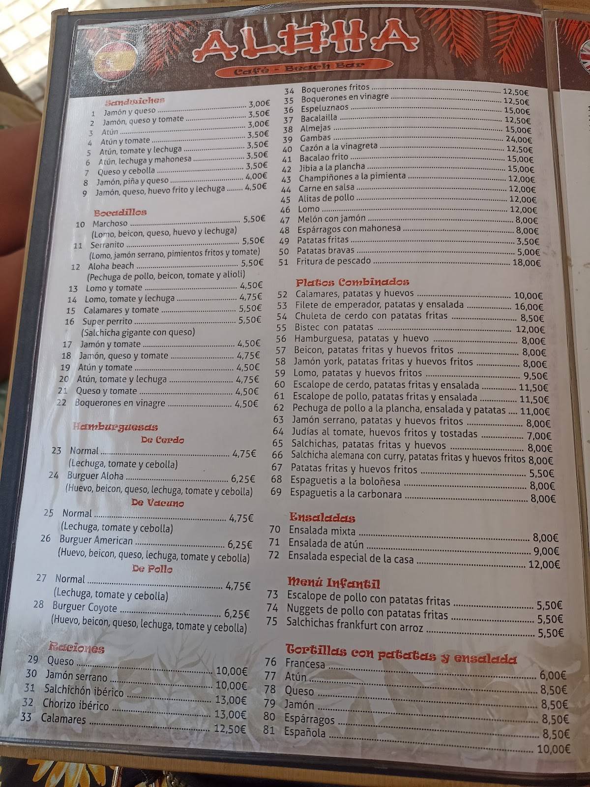 Menu at Aloha Beach Bar, Roquetas de Mar, Edificio Las Alondras Bloque 2