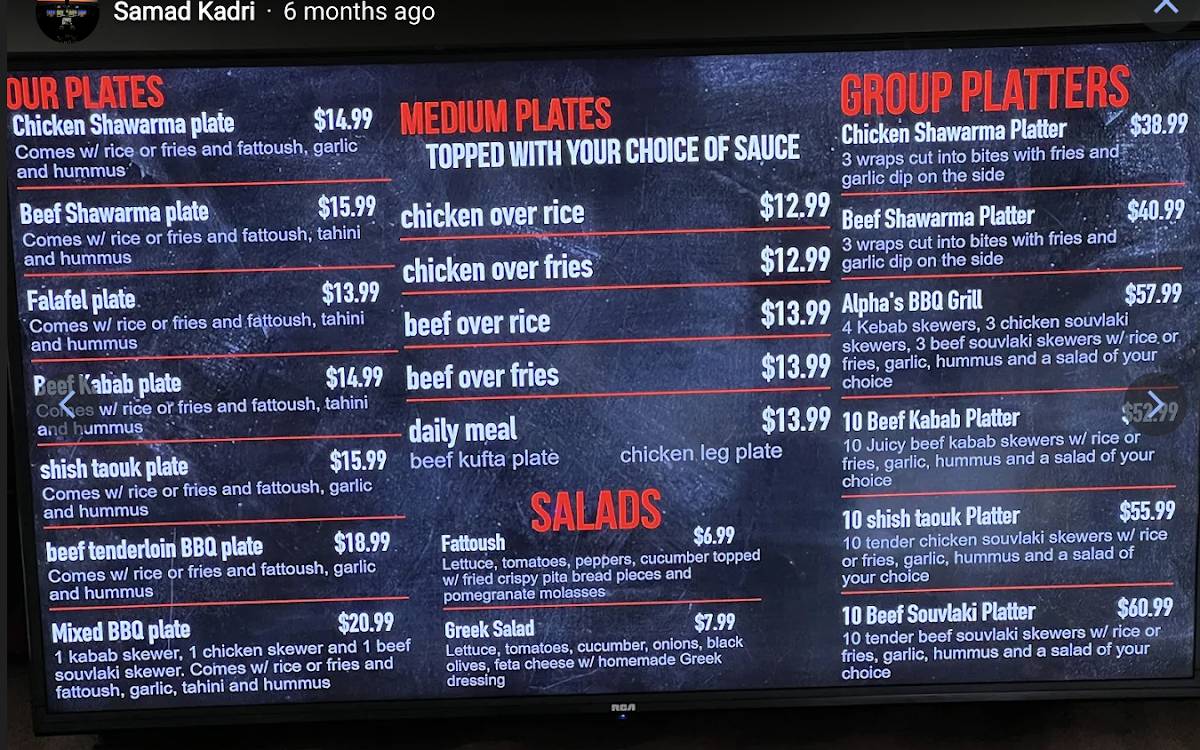 Menu au Alpha’s Shawarma BBQ, Toronto