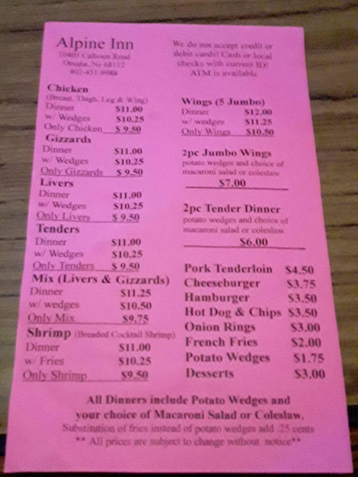 Menu at Alpine Inn pub & bar, Omaha