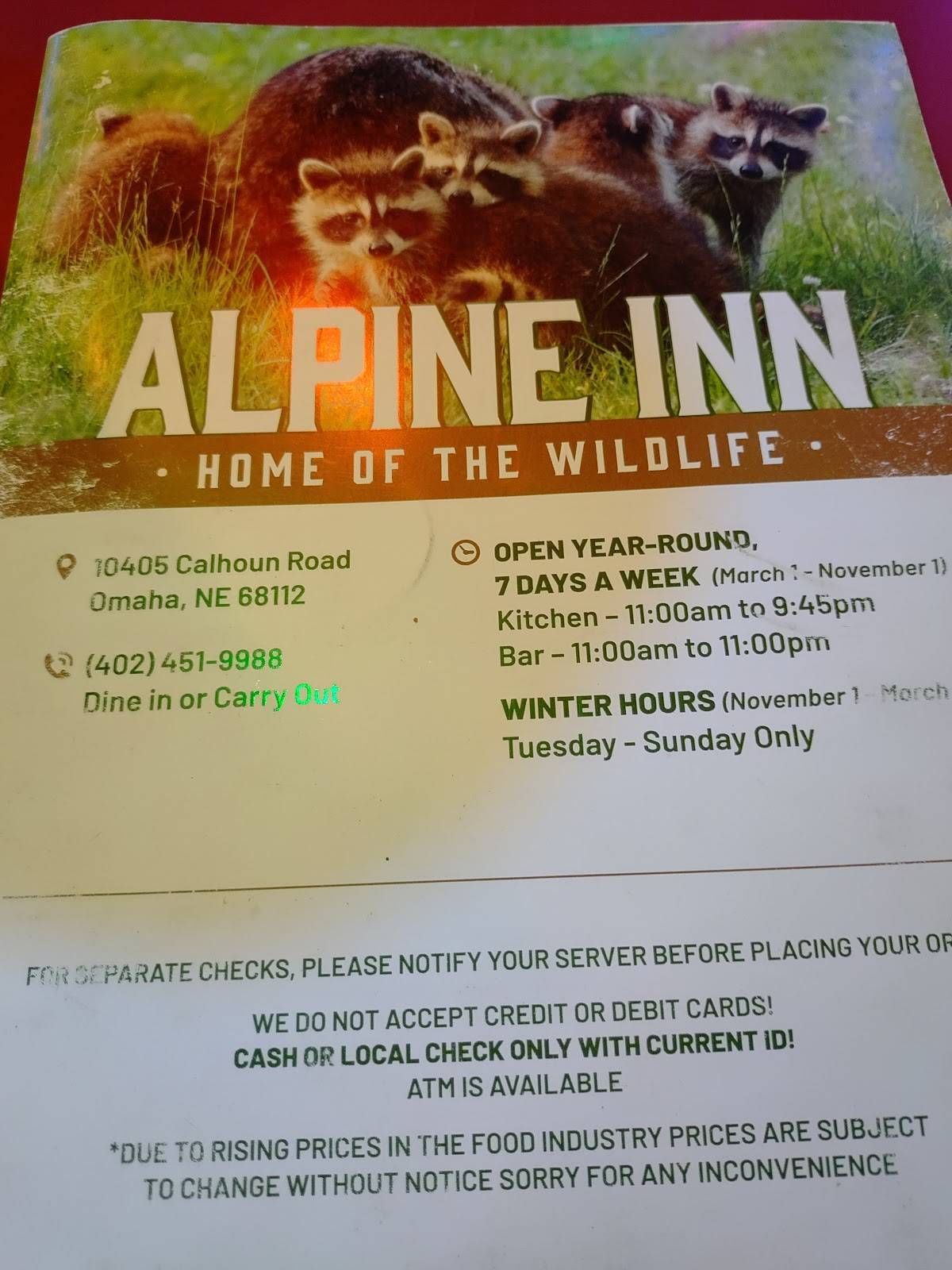 Menu at Alpine Inn pub & bar, Omaha