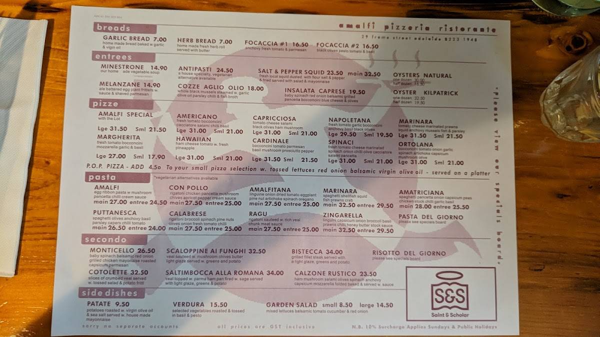 Menu at Amalfi Pizzeria Ristorante, Adelaide