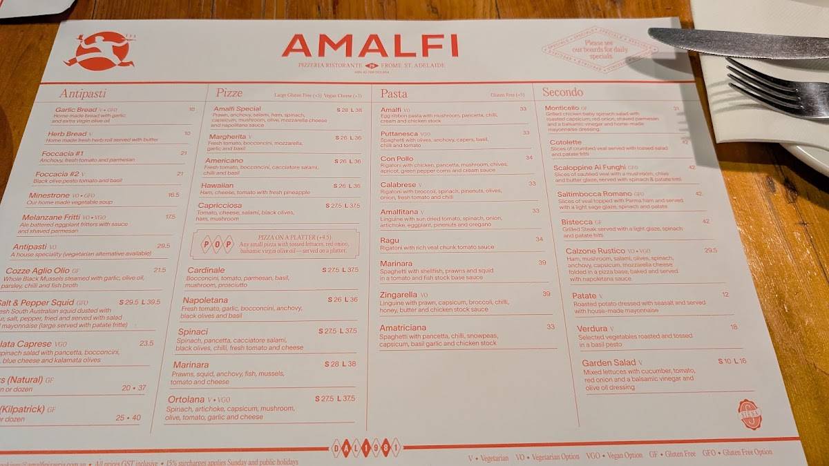 Menu at Amalfi Pizzeria Ristorante, Adelaide